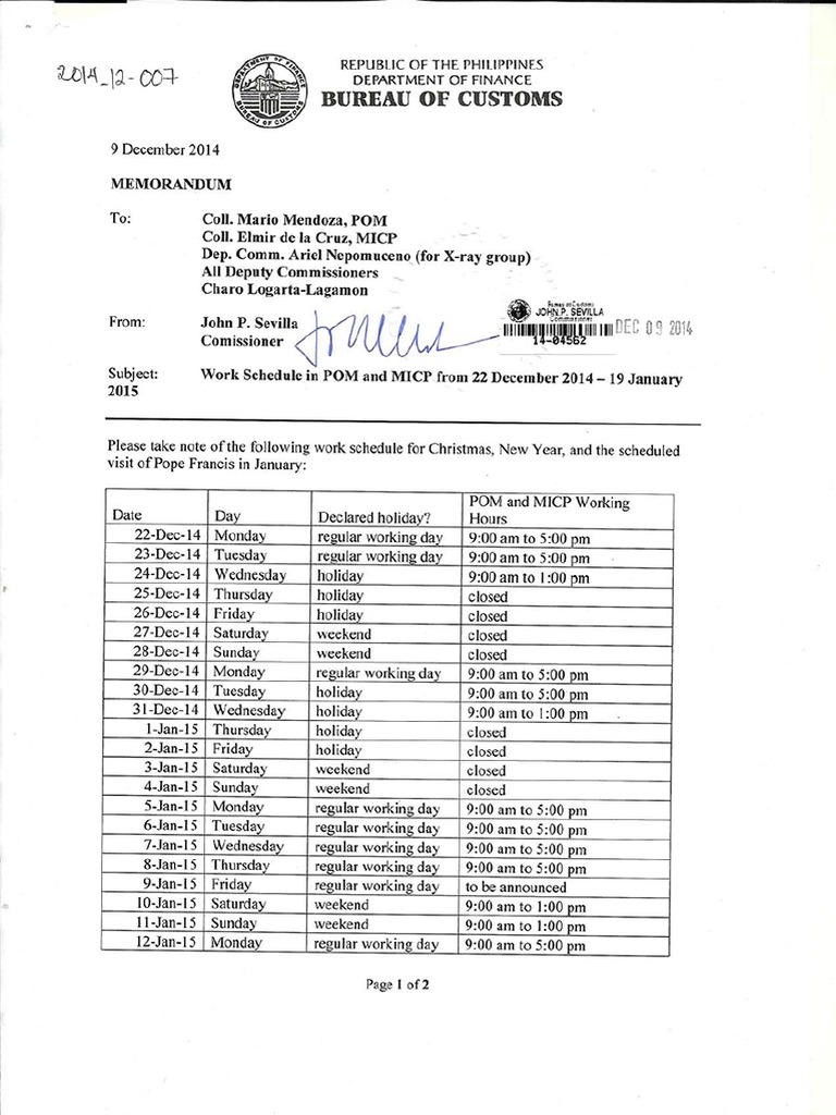 BOC Holiday Work Schedule | PDF