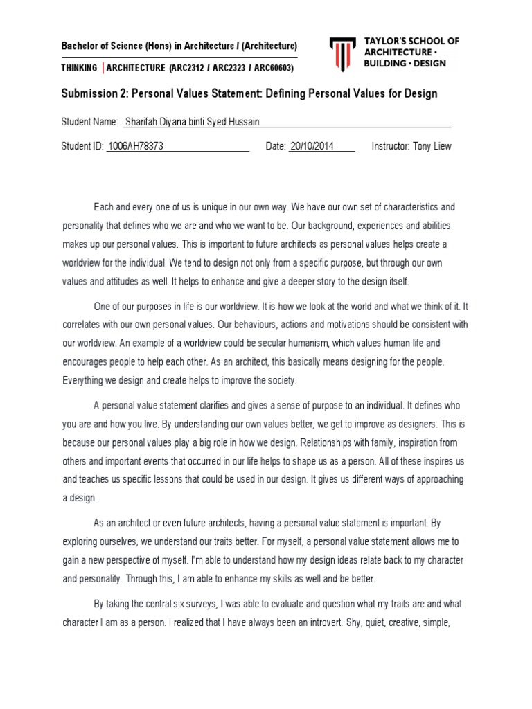 Personal Values Statement | PDF | Value (Ethics) | Psychological Concepts