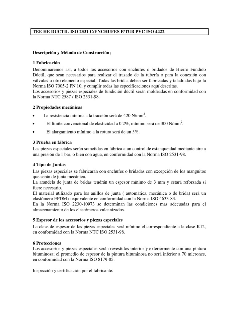 Especificaciones de Tee He Ductil Iso 2531 C | PDF | Materiales ...