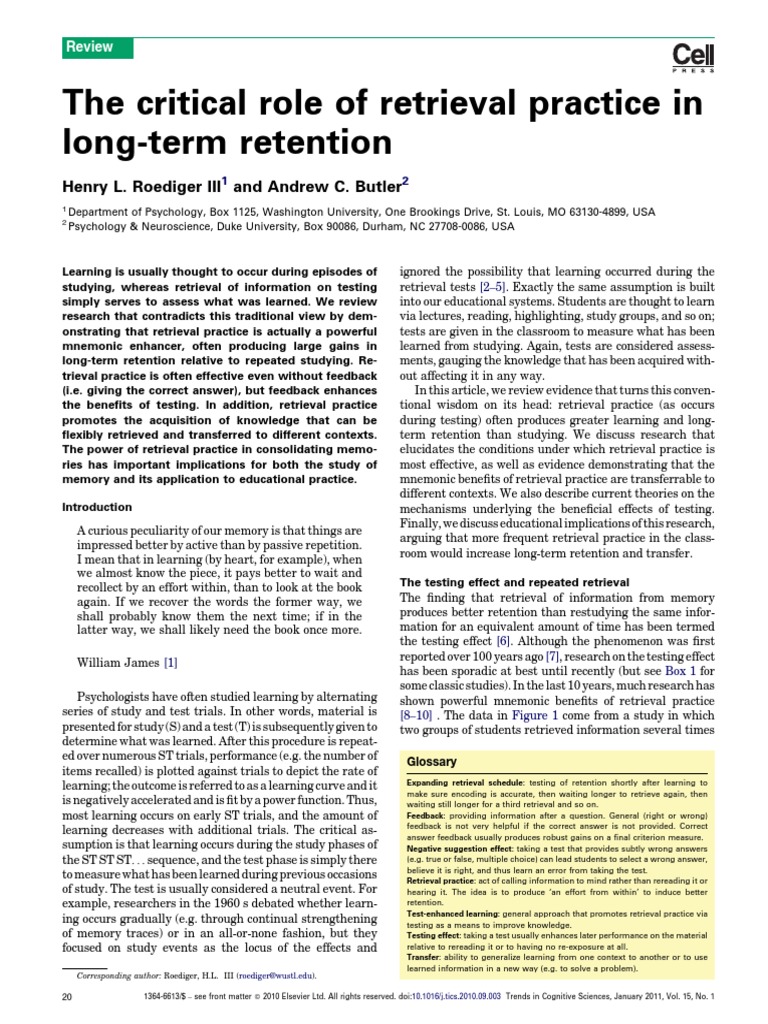 The Critical Role of Retrieval Practice in Long Term Retention | PDF ...