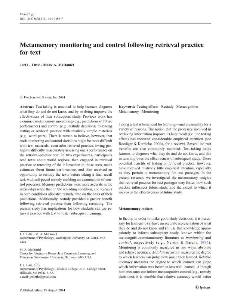 Metamemory Monitoring and Control Following Retrieval Practice For Text ...