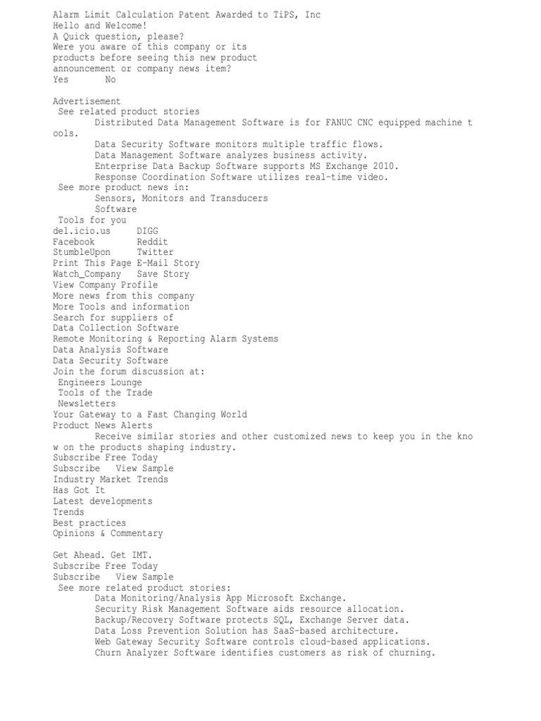TiPS Patent for Alarm Limit Calculation | PDF | Software | Surveillance