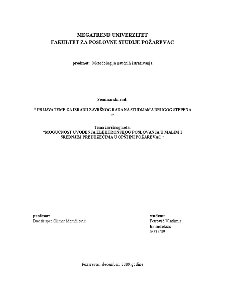 Prijava Master Rada Petrovic Vladimir M 35 09 Pozarevac | PDF