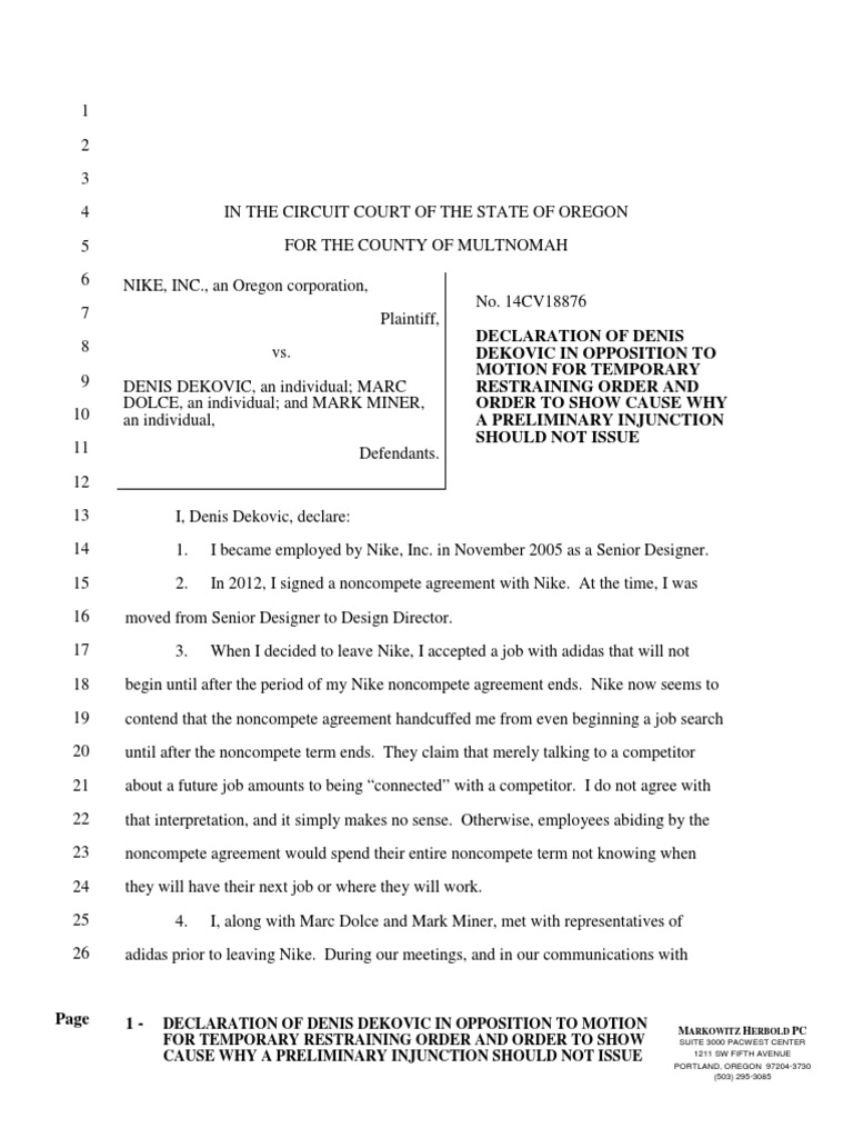 Dekovic Declaration | PDF | Injunction | Nike