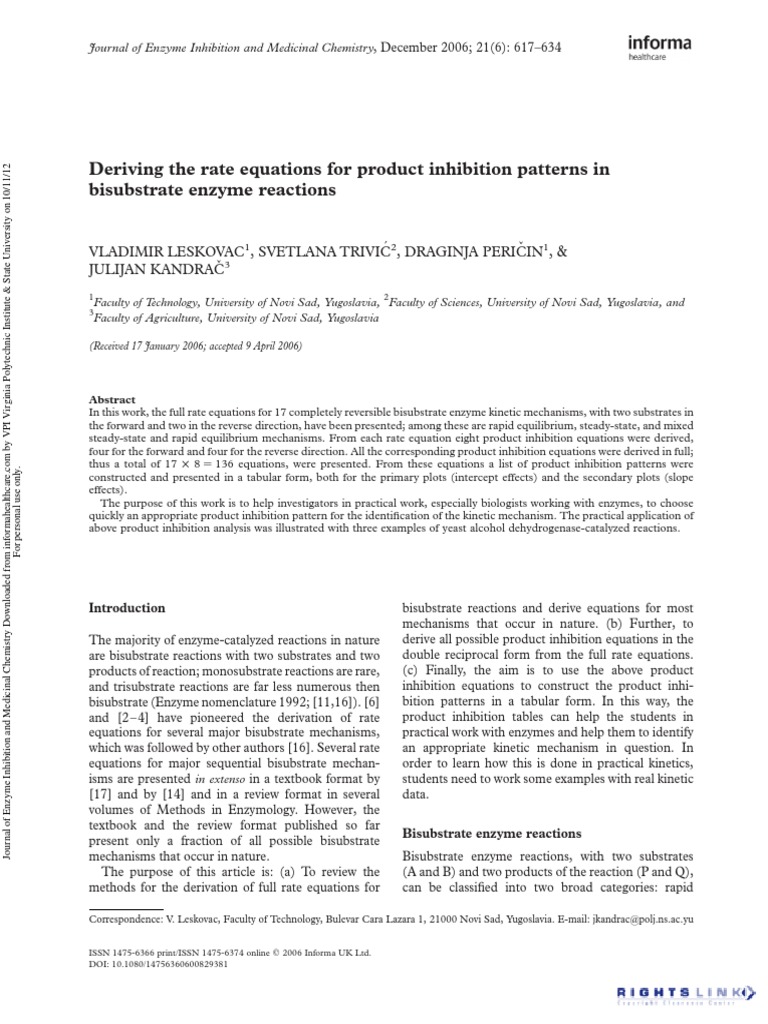 Deriving The Rate Equations For Product Inhibition Patterns in ...