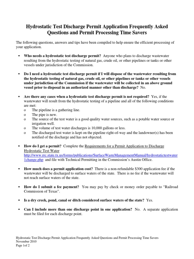 Hydrostatic Test Discharge Permit Application Frequently Asked ...