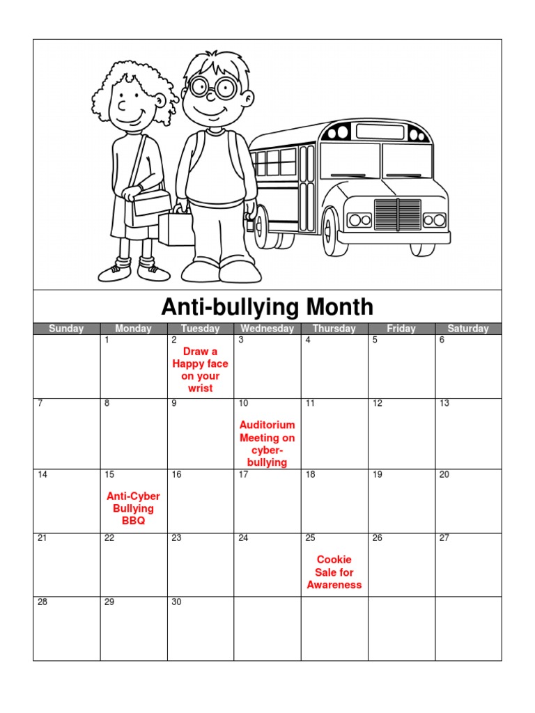 Anti-Bullying Month Events Calendar | PDF