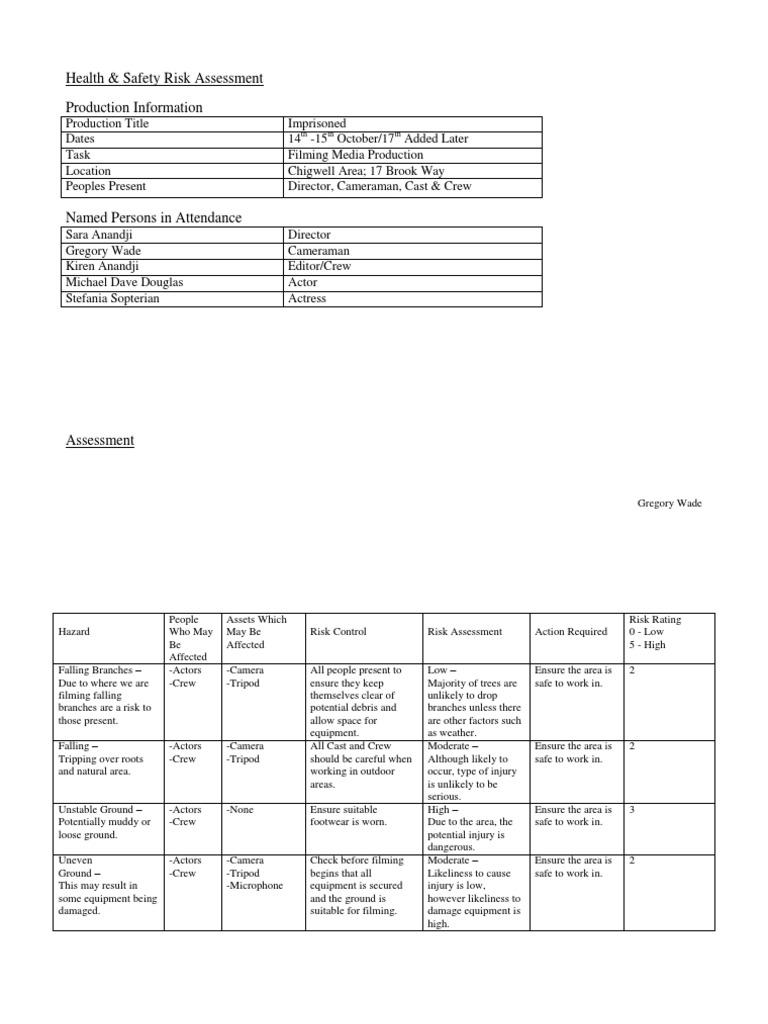 Health & Safety Risk Assessment for Filming | PDF