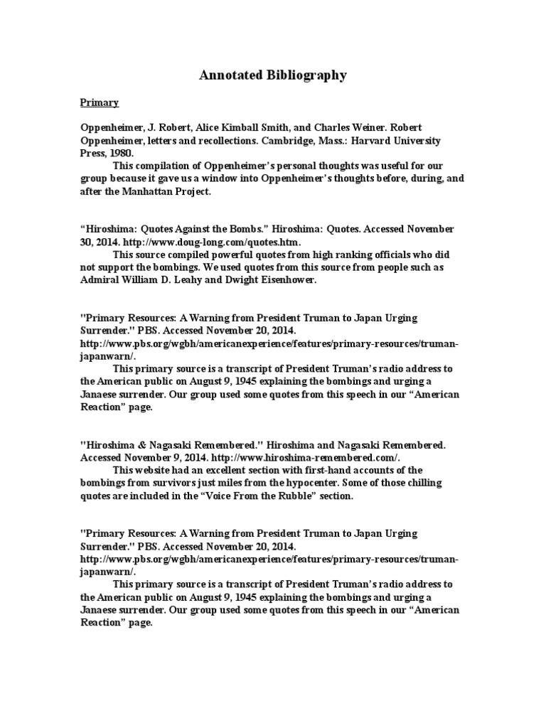 History Fair Annotated Bibliography PDF Manhattan Project Harry S