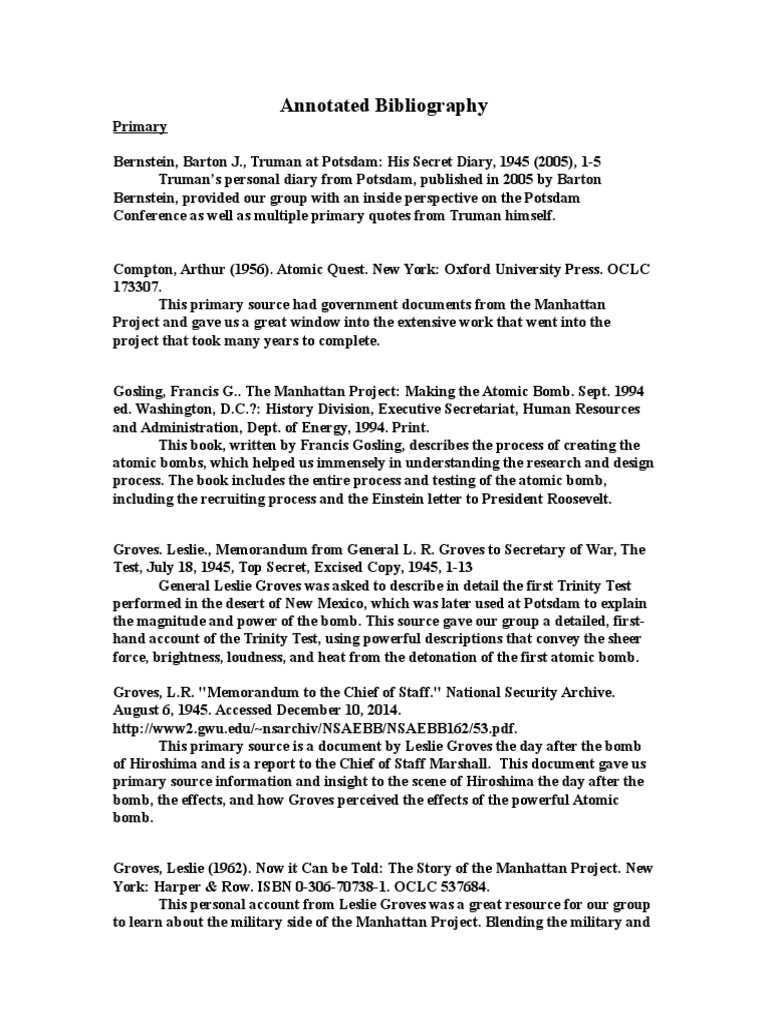 History Fair Annotated Bibliography | PDF | Manhattan Project | Atomic ...