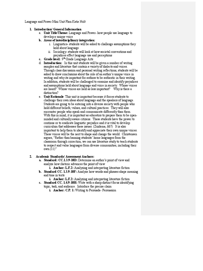 Language and Power Mini Unit Plan | PDF | Lesson Plan | Dialect