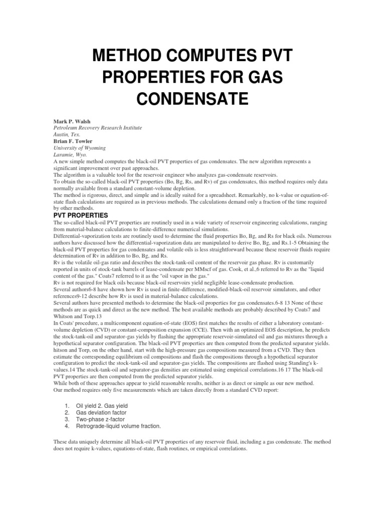 Method Computes PVT Properties For Gas Condensate | PDF | Petroleum ...