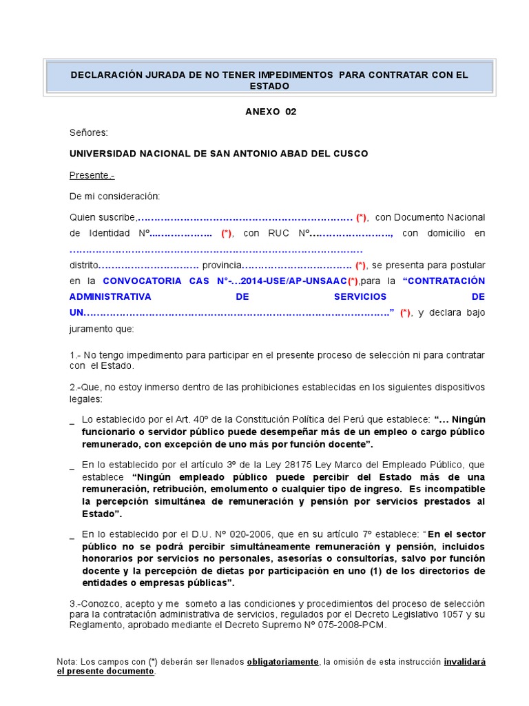 1415832625anexo 02 Declaracion de Impedimento | PDF | Finanzas y administración del dinero