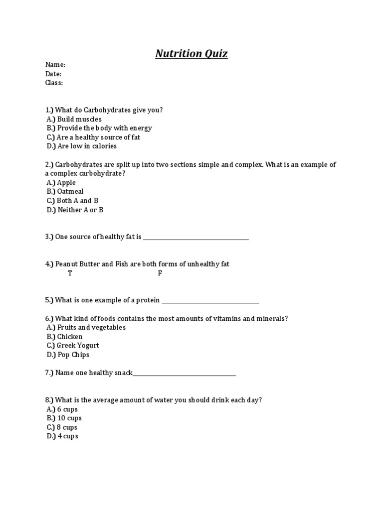 Nutrition Quiz for Students | PDF