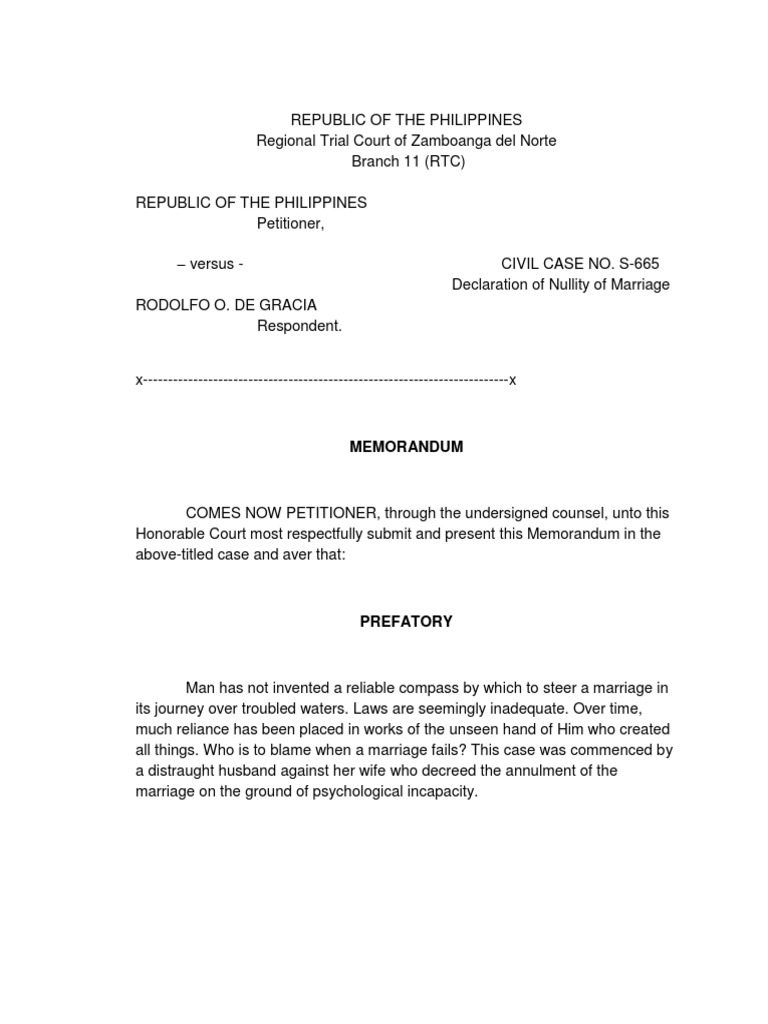 Memorandum sample | Annulment | Marriage