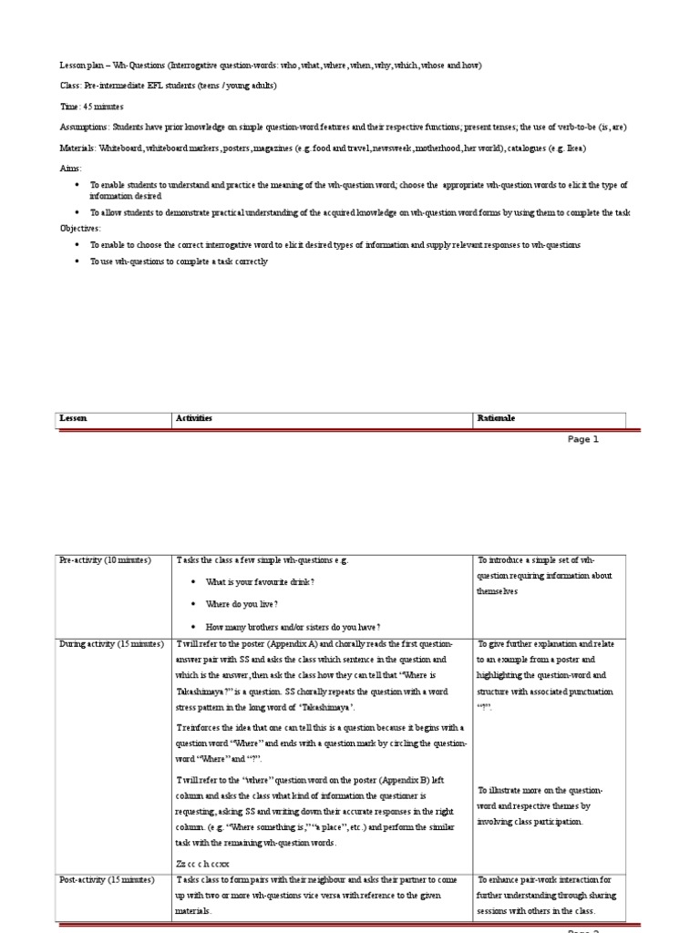Intermediate Lesson Plan On WH-questions | Download Free PDF | Question ...