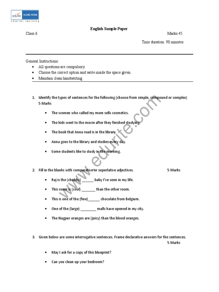 Class 6 ICSE English Sample Paper | PDF | Onomastics | Grammar