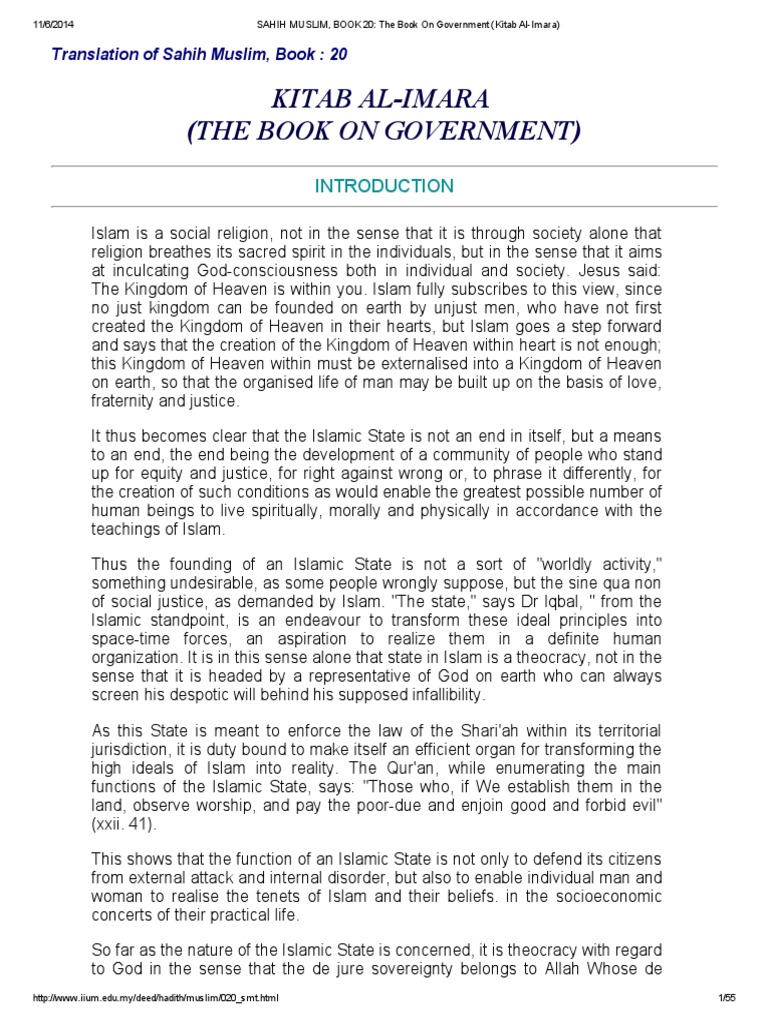 SAHIH MUSLIM, BOOK 20 - The Book On Government (Kitab Al-Imara) | PDF ...