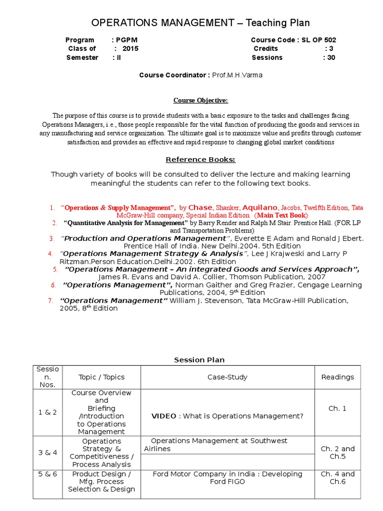 Operations Management-Teaching Plan - Class of 2015 | PDF | Operations ...