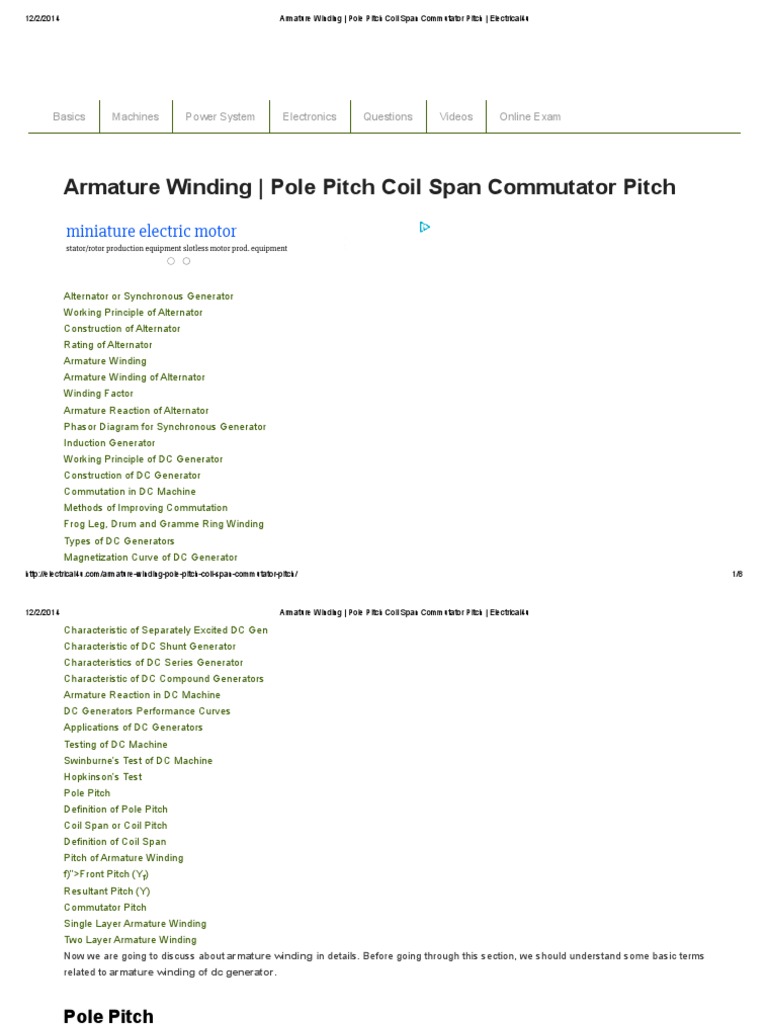 Armature Winding and Pitch Definitions | PDF | Electric Generator ...