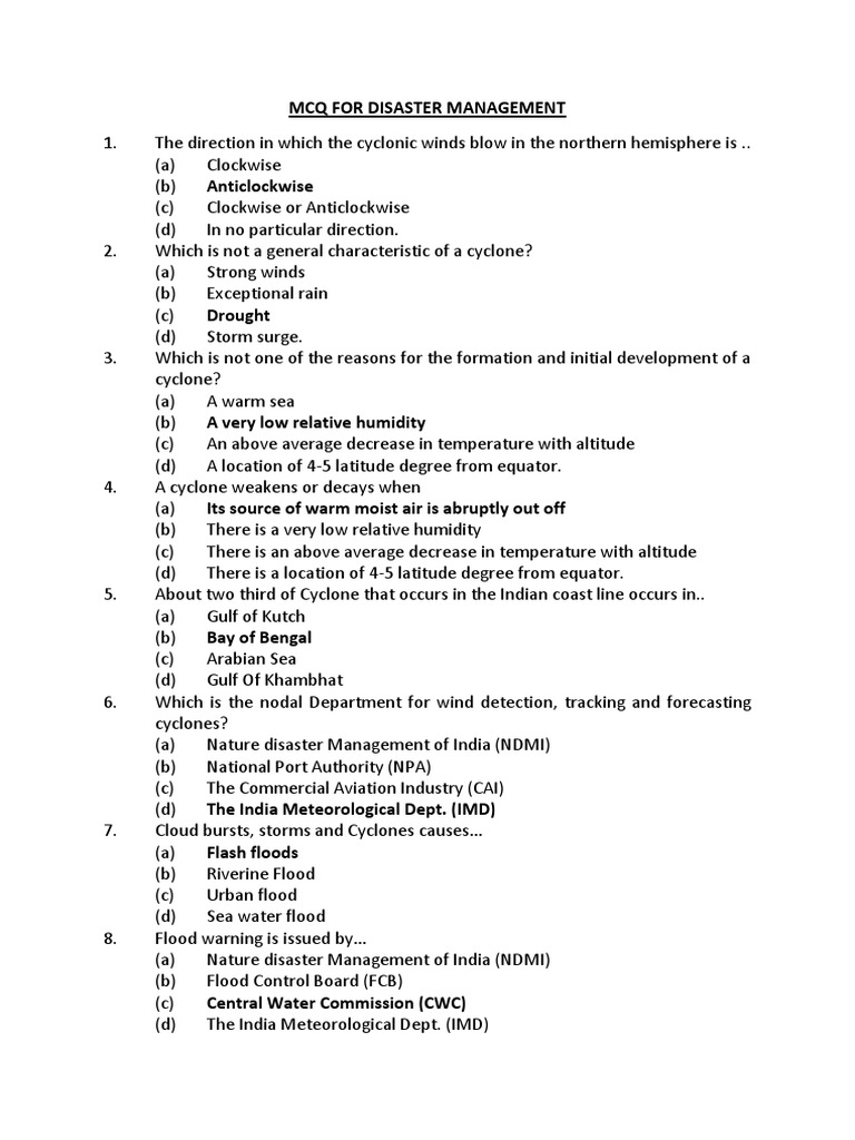 MCQs on Disaster Management and Cyclones | PDF