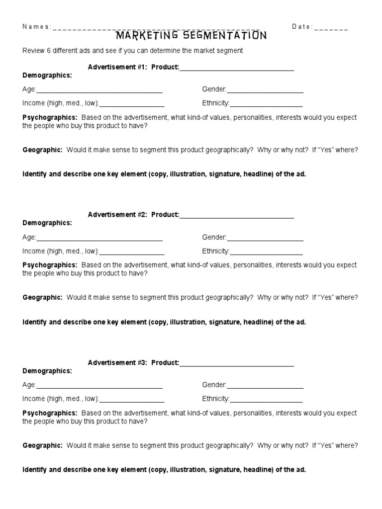 Market Segmentation Activity Worksheet | PDF | Market Segmentation ...