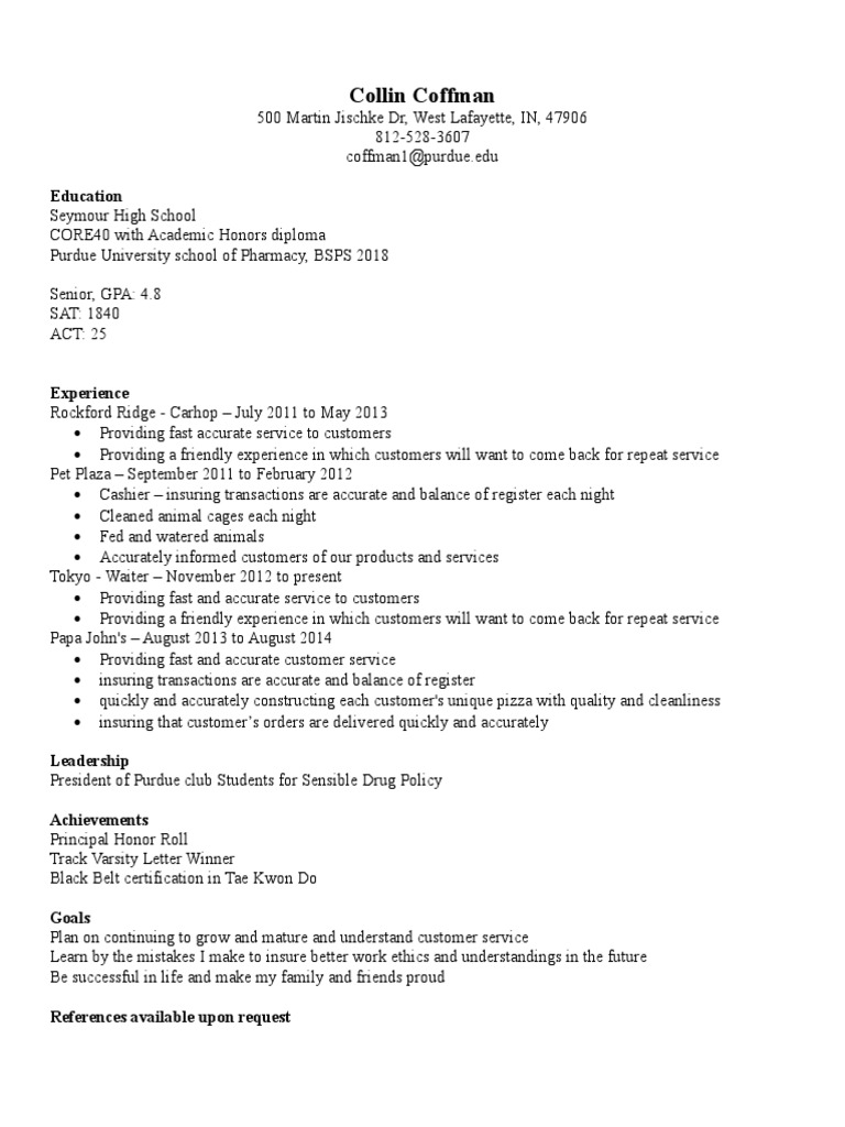Collin Coffman Resume: Education & Experience | PDF