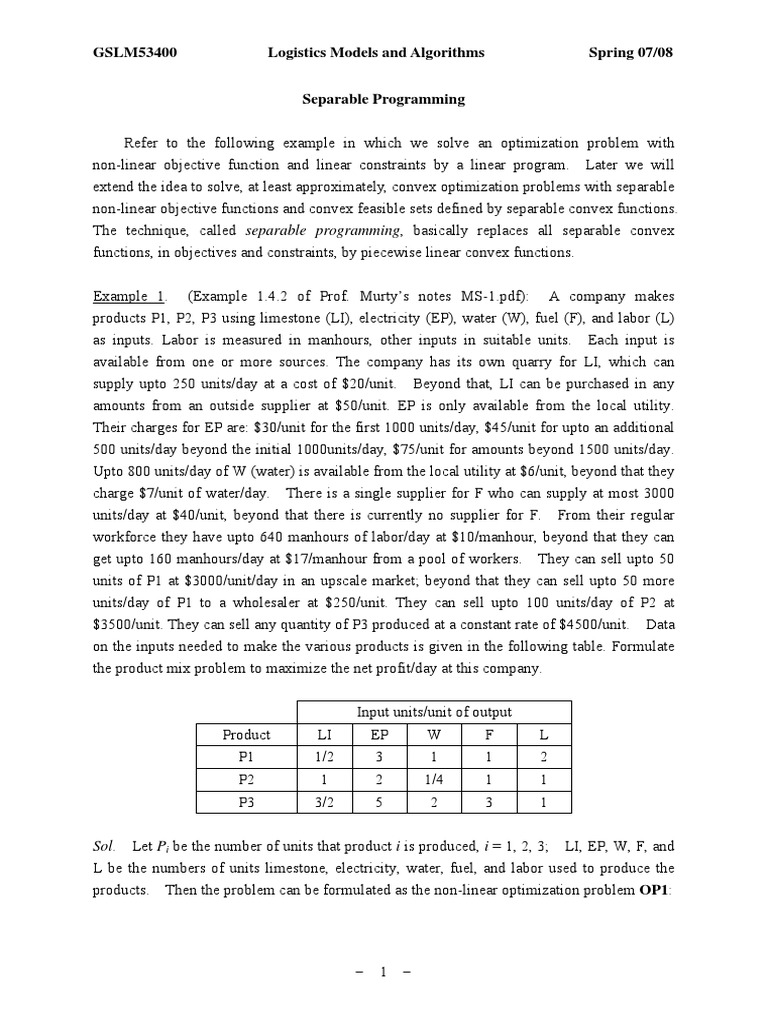 Separable Programming Pdf Mathematical Optimization Linear Programming 