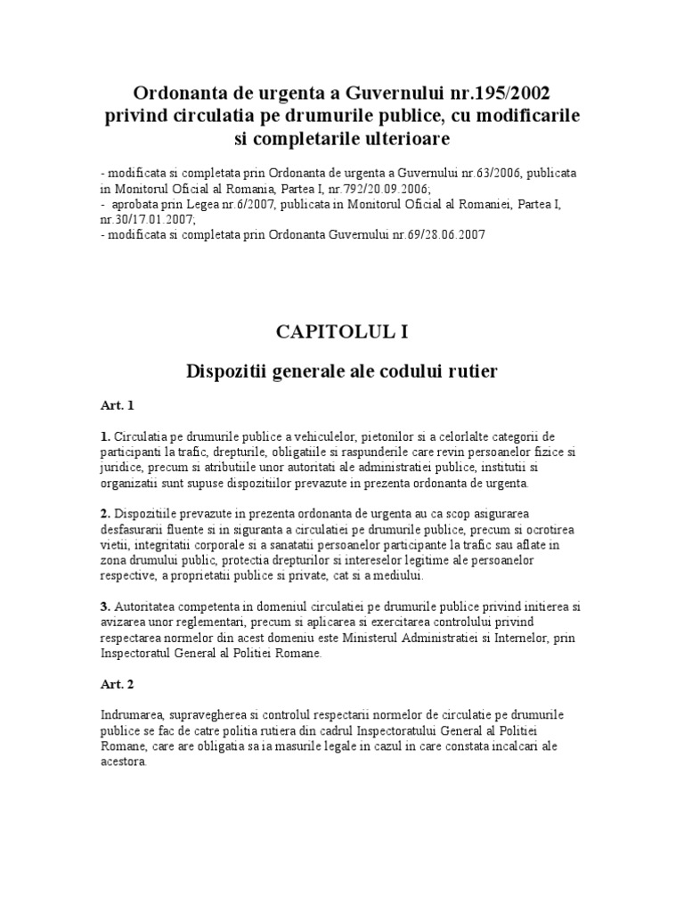 Ordonanta de Urgenta A Guvernului Nr.195/2002 Privind | PDF