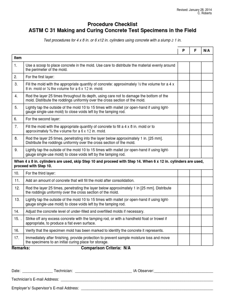 Procedure Checklist - ASTM C31 | PDF