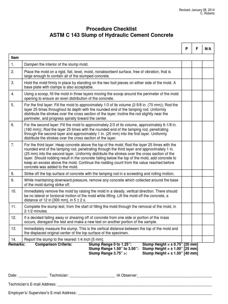 Procedure Checklist - ASTM C143 | Concrete | Building Engineering