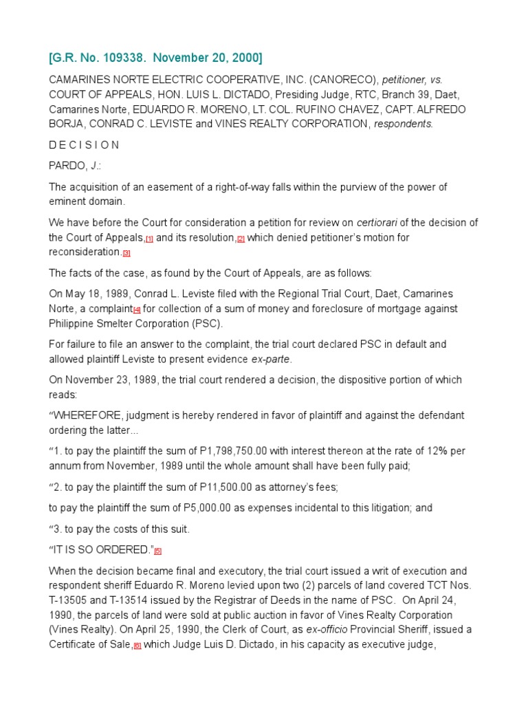 Canoreco vs. CA, GR No. 109338, November 20, 2000 | PDF | Eminent ...