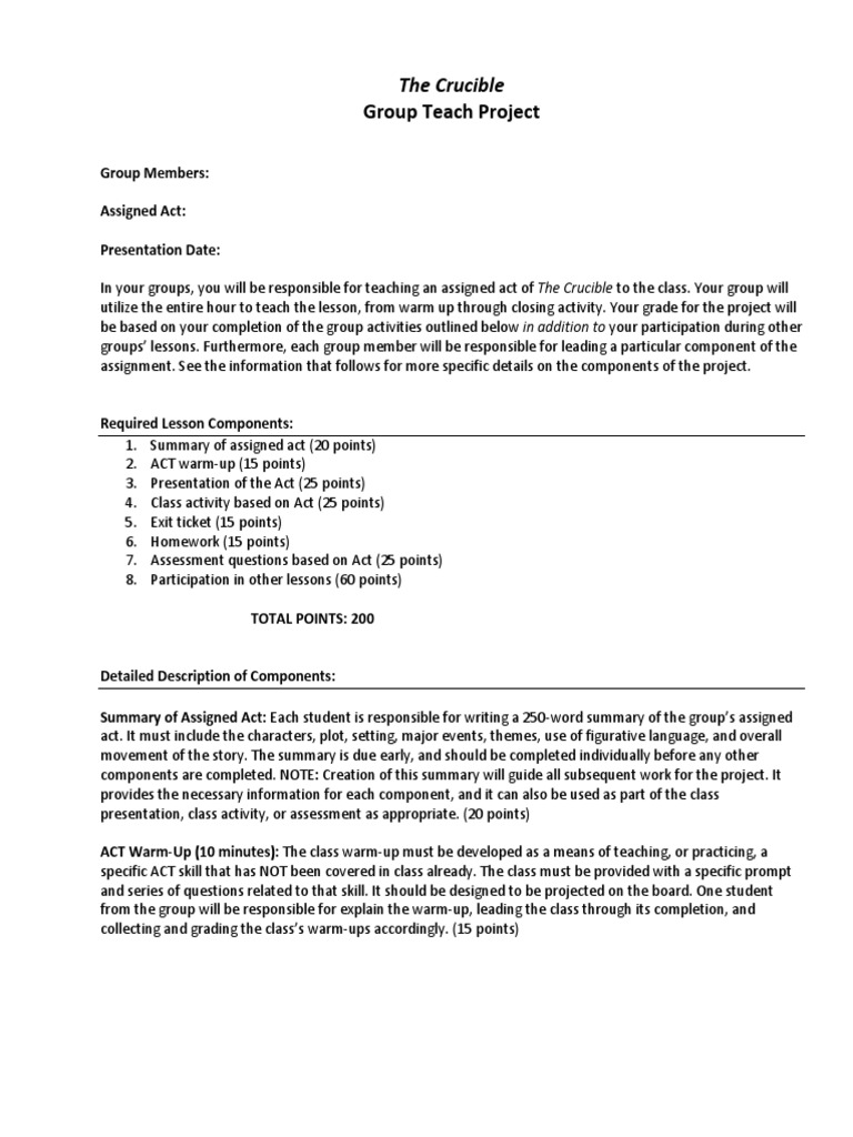 Teaching The Crucible: Group Project Guide | PDF | Homework ...