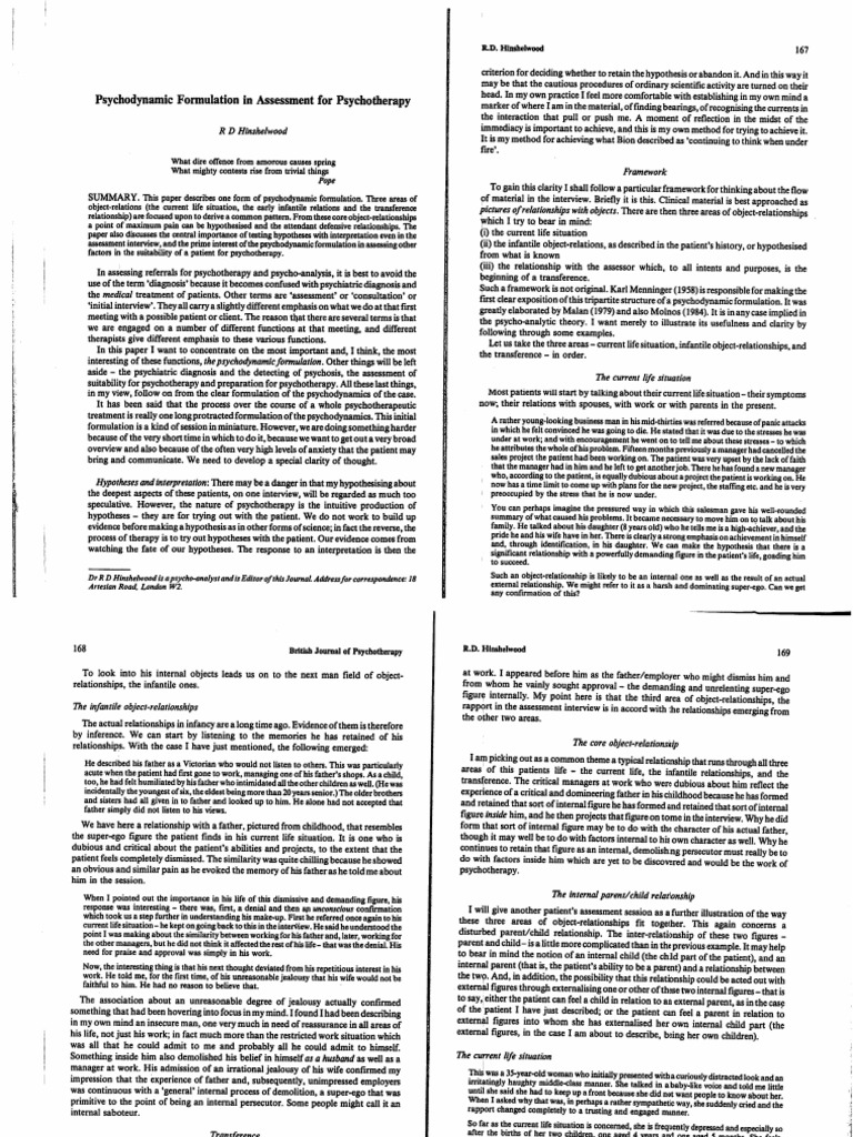 Psychodynamic Formulation in Assessment for Psychotherapy R D Hinshelwood