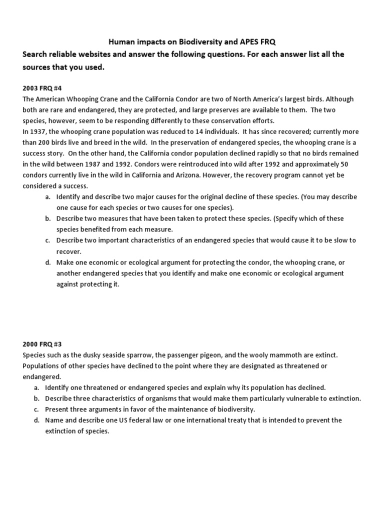 Human Impacts On Biodiversity and Apes FRQ | PDF
