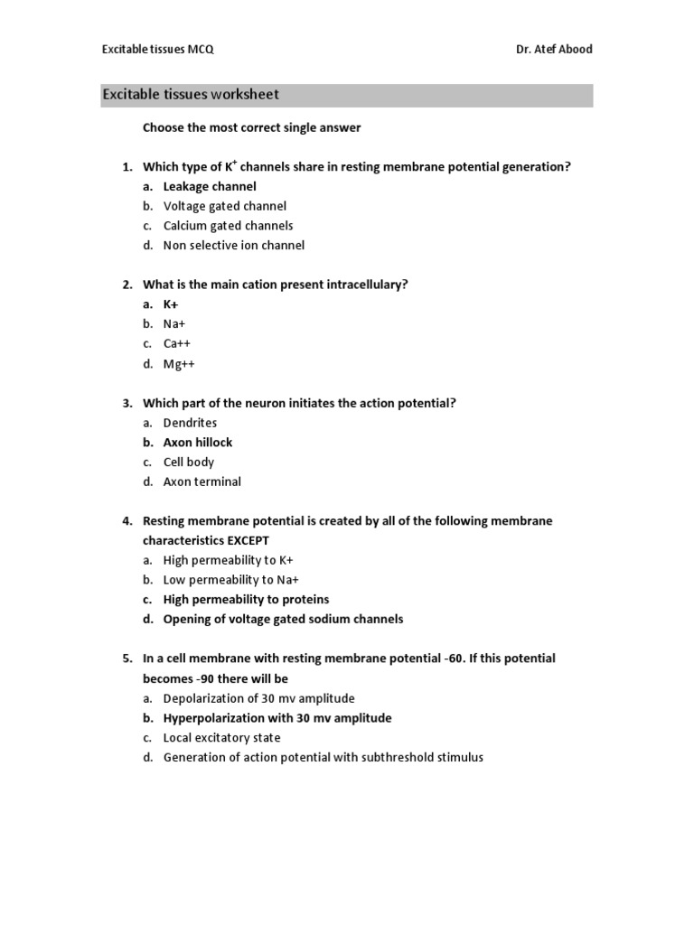 Excitable Tissues Worksheet With Answers | PDF | Action Potential ...