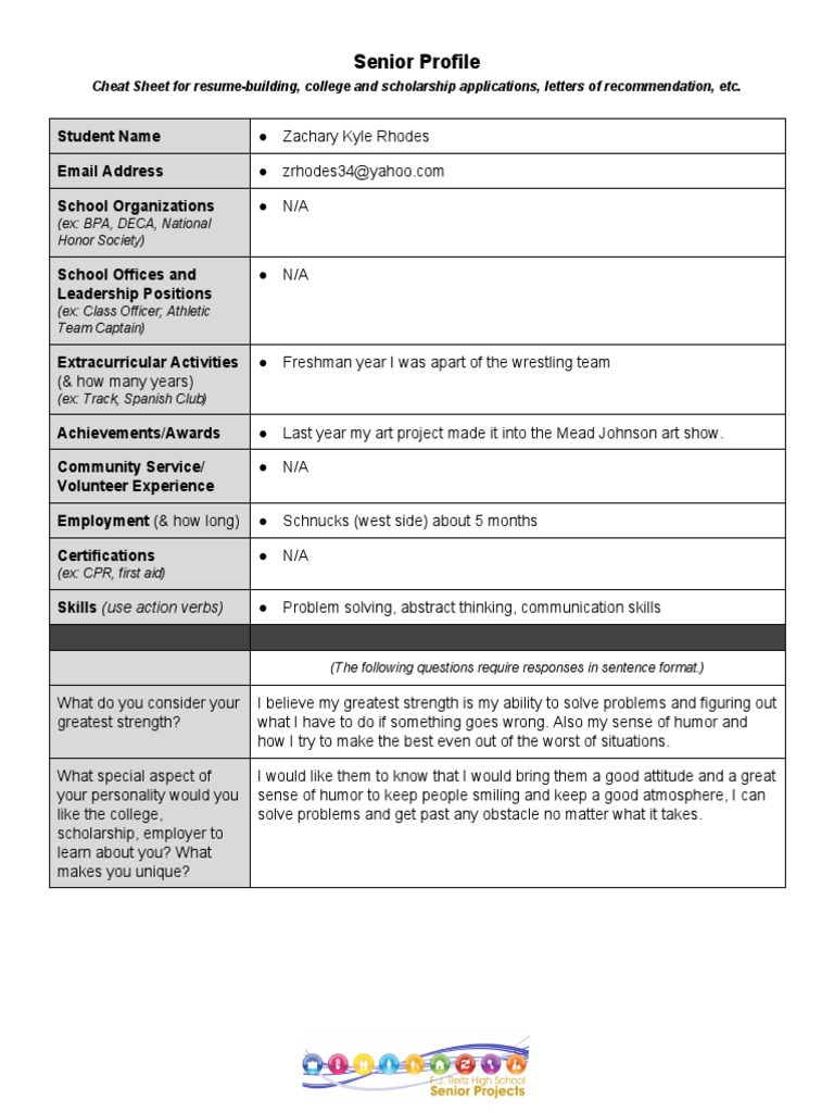 Senior Profile: Cheat Sheet For Resume Building, College and ...
