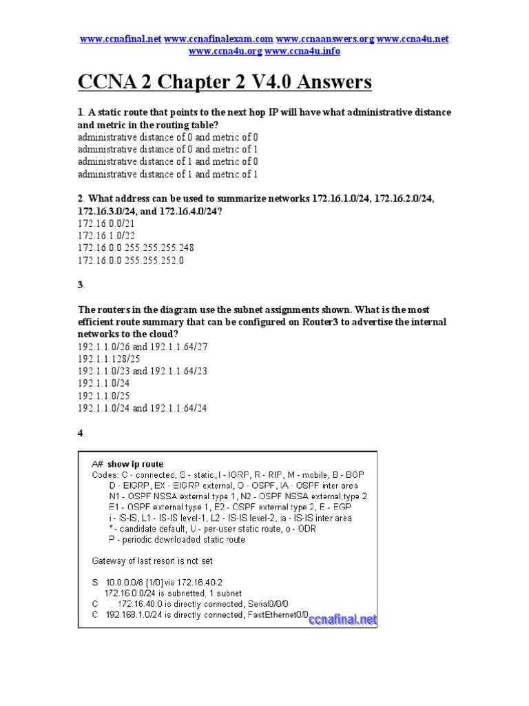 CCNA 2 Chapter 2 V4.0 Answers 2011 | PDF | Router (Computing) | Ip Address