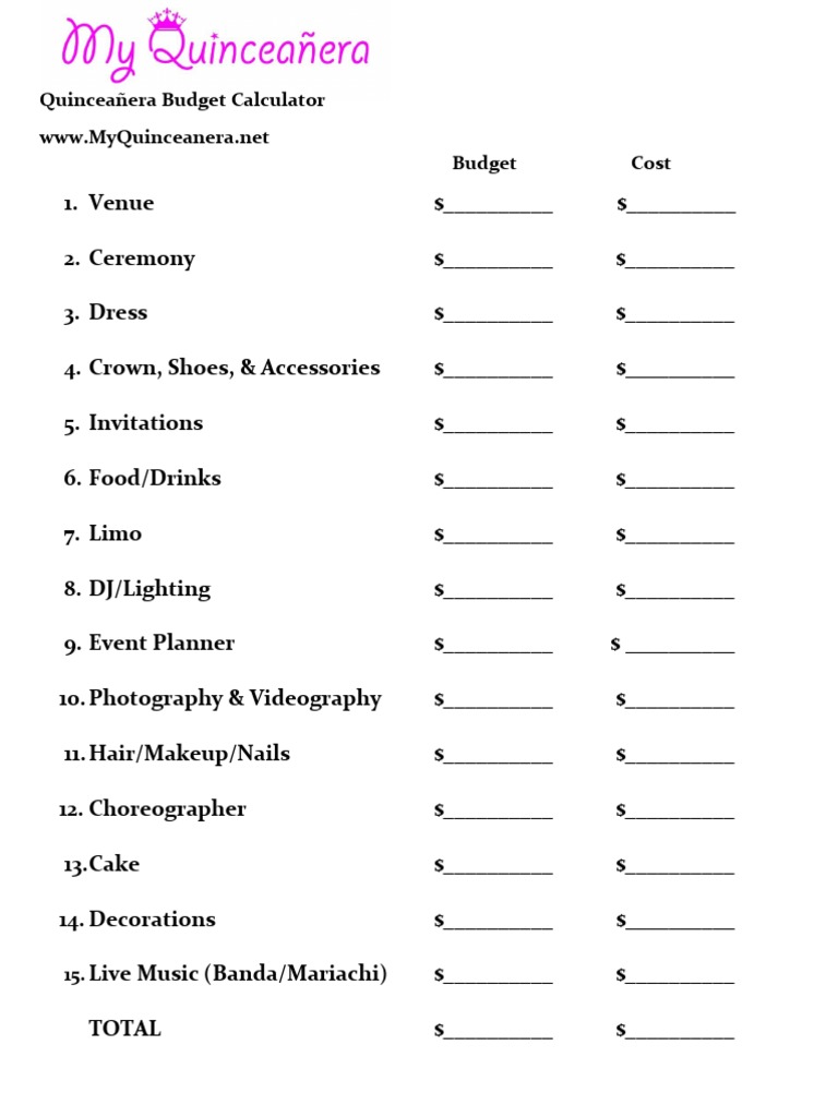 Quinceañera Budget Calculator Template | PDF