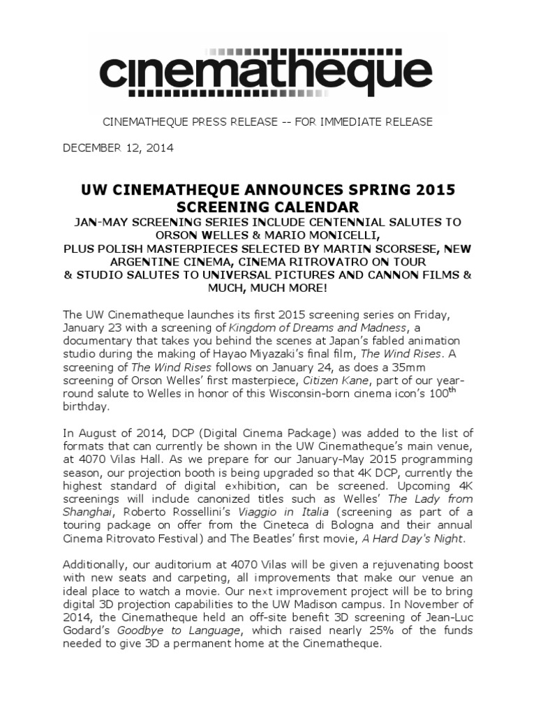UW Cinematheque Spring 2015 Announcement | PDF | Cinema | Leisure