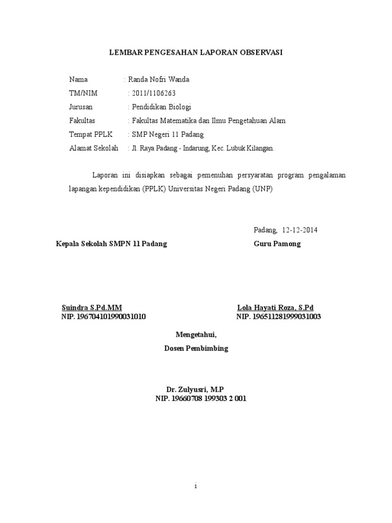 Lembar Pengesahan Laporan Observasi | PDF