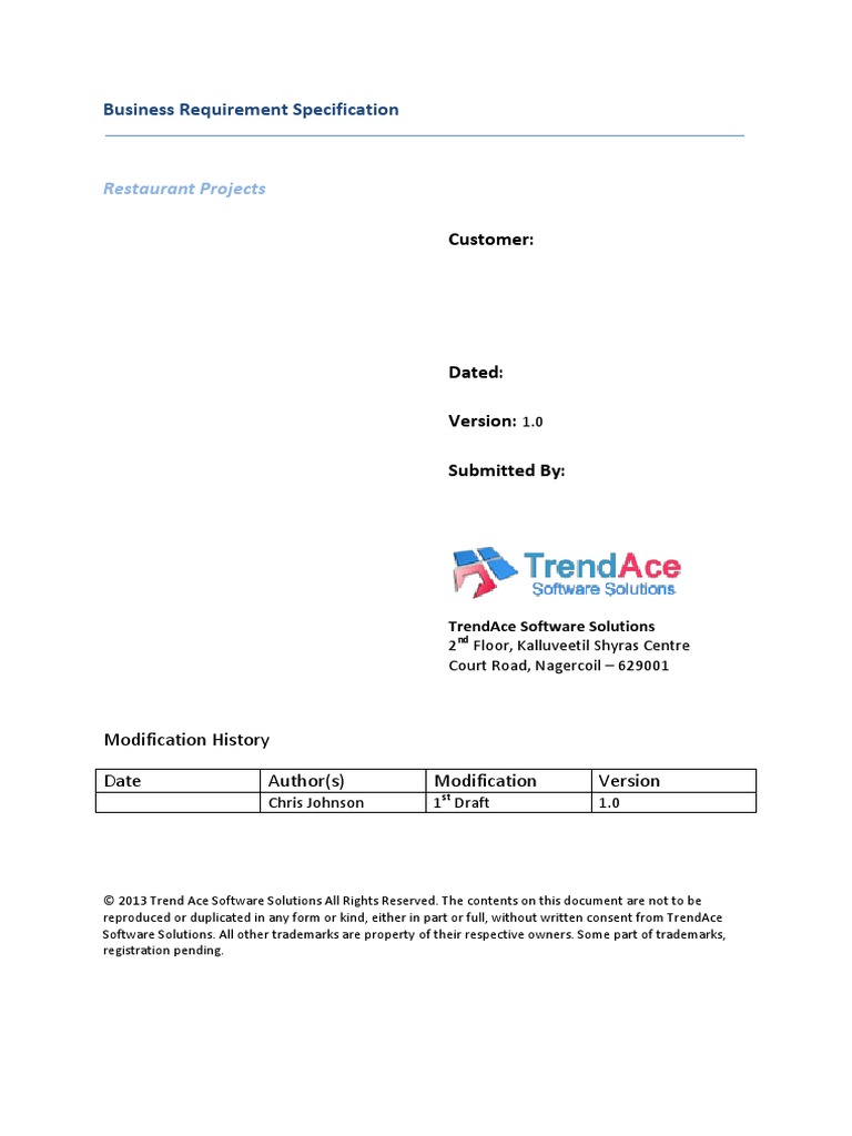 Restaurant Projects: Business Requirement Specification | PDF | Invoice ...