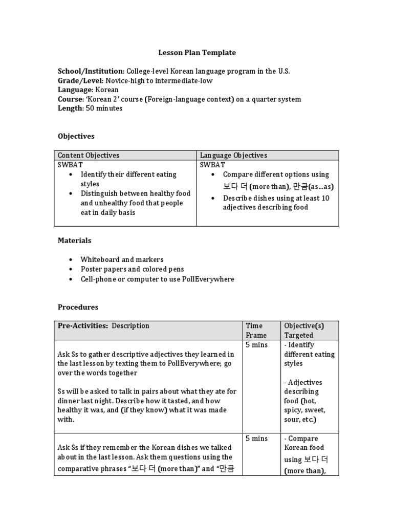 Lesson Plan - Korean Lesson - REVISED | PDF | Korean Cuisine | Lesson Plan