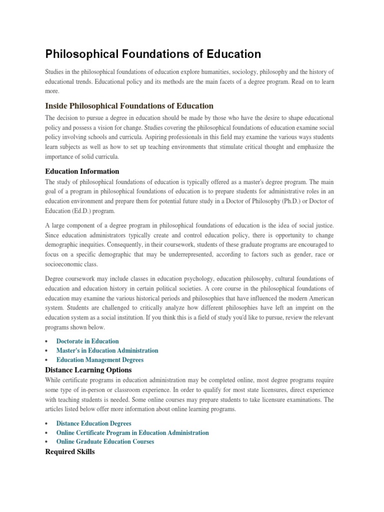 Philosophical Foundations Of Education Academic Degree Distance