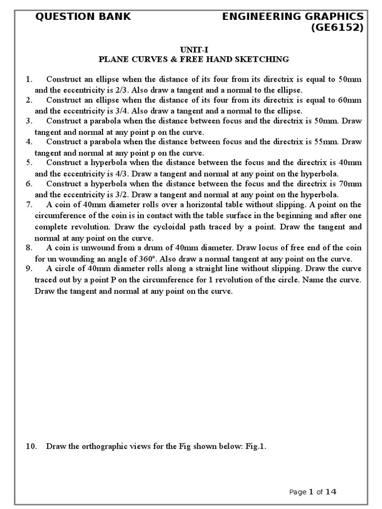 Question Bank Engineering Graphics (GE6152) : Unit-I Plane Curves & Free Hand Sketching | PDF ...