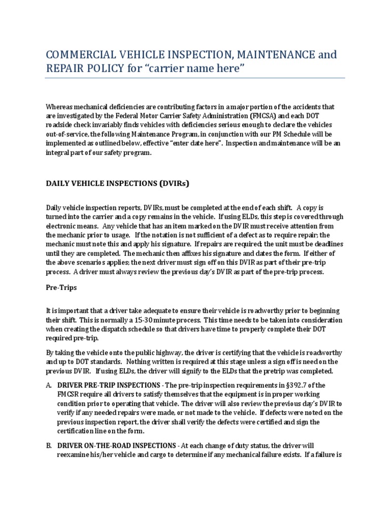 DOT Compliant Maintenance Plan For Carrier | PDF | Vehicles | Road ...