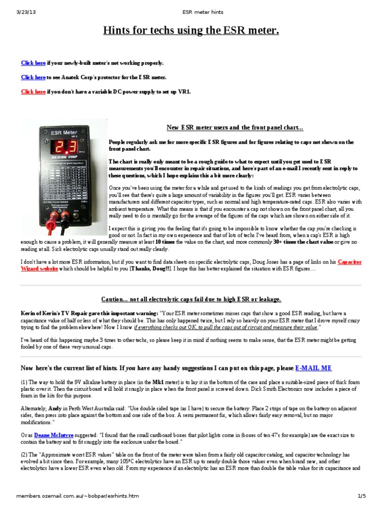 Hints For Techs Using The ESR Meter | Download Free PDF | Capacitor ...