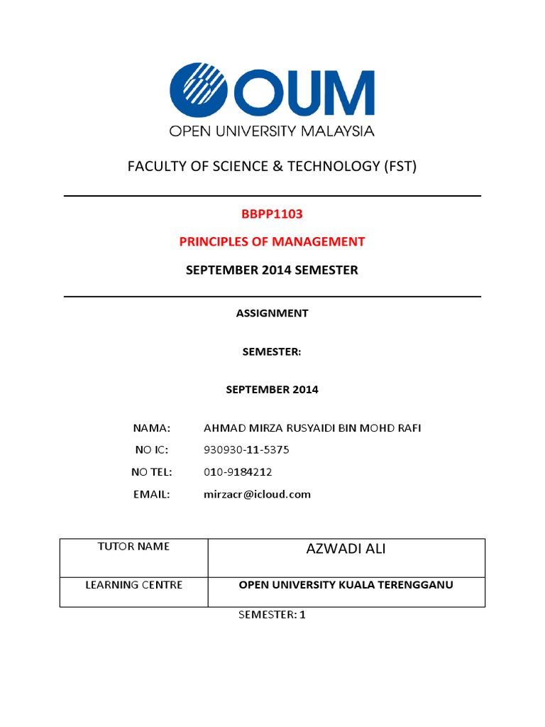 BBPP1103 Principles of Management September 2014 | PDF
