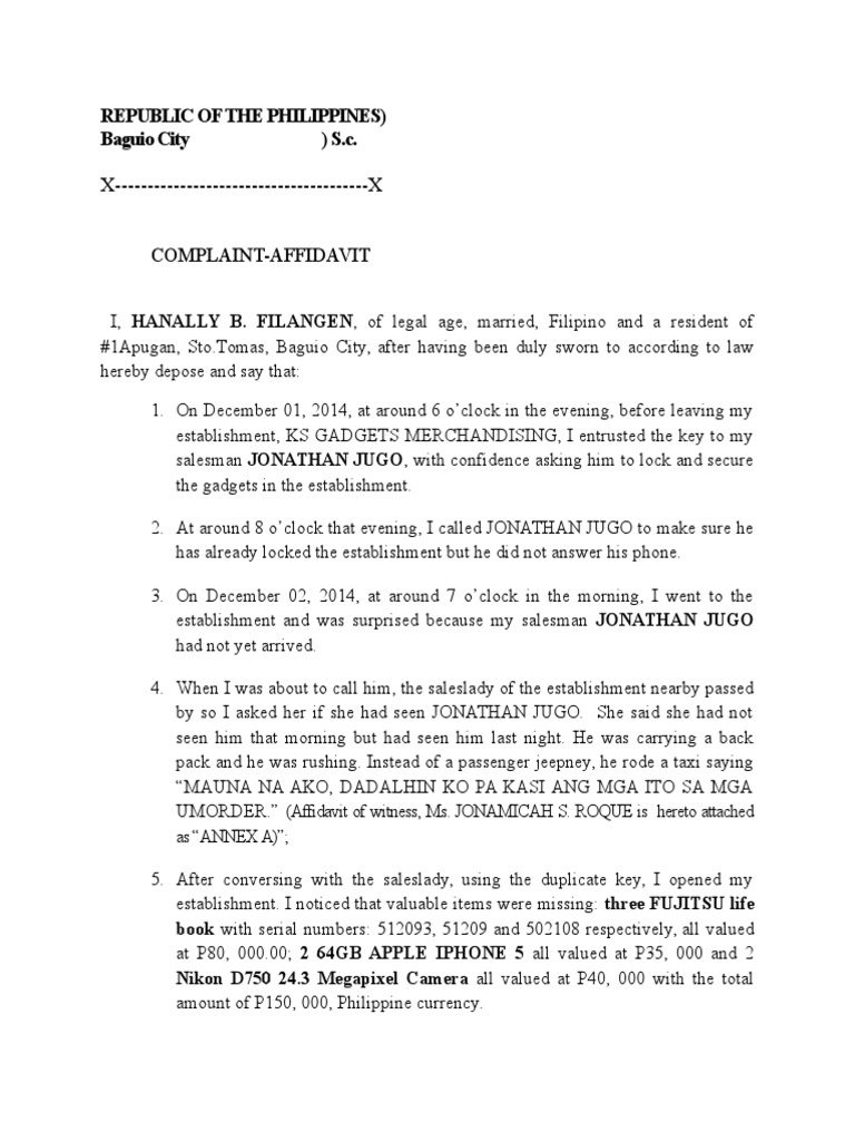 Qualified Theft Complaint Affidavit | PDF