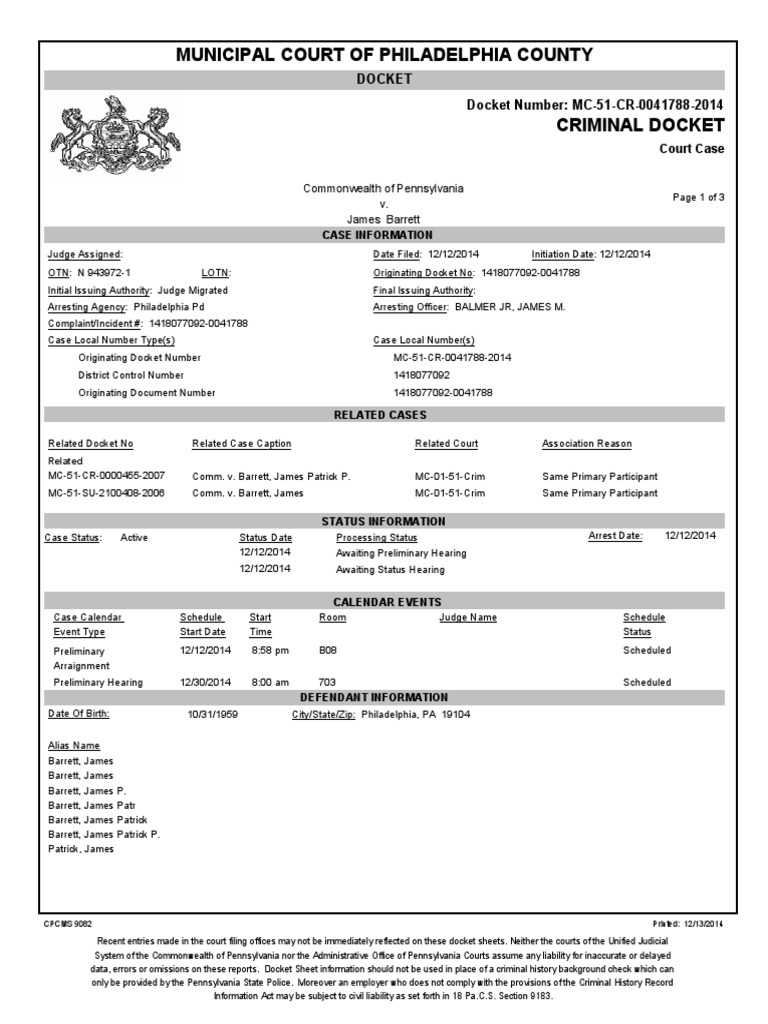 Criminal Docket For James Patrick Barrett | PDF | Criminal Record | Bail
